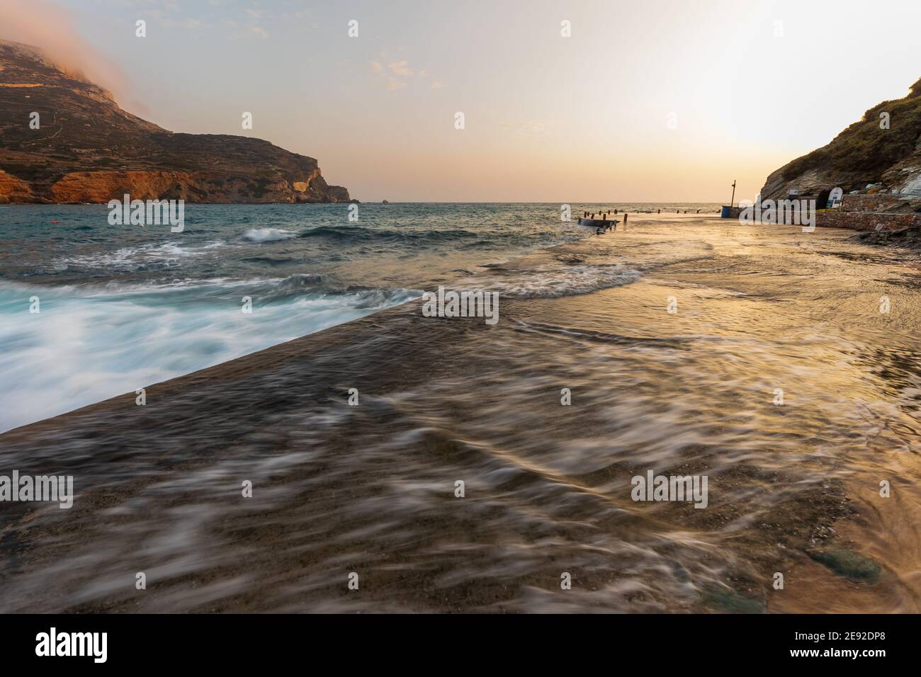 Agkali Beach, Folegandros Island, Greece- 24 September 2020: A concrete ...
