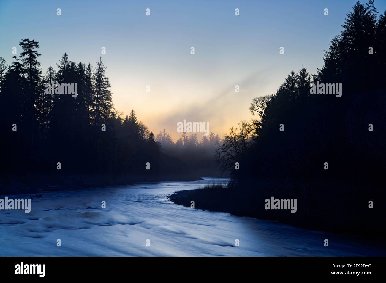 Dusk falls over the Queets River, Queets rainforest, Olympic National ...