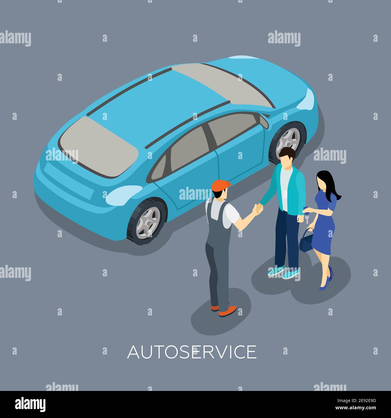 Auto repair service mechanic with customers and fixed car isometric ...