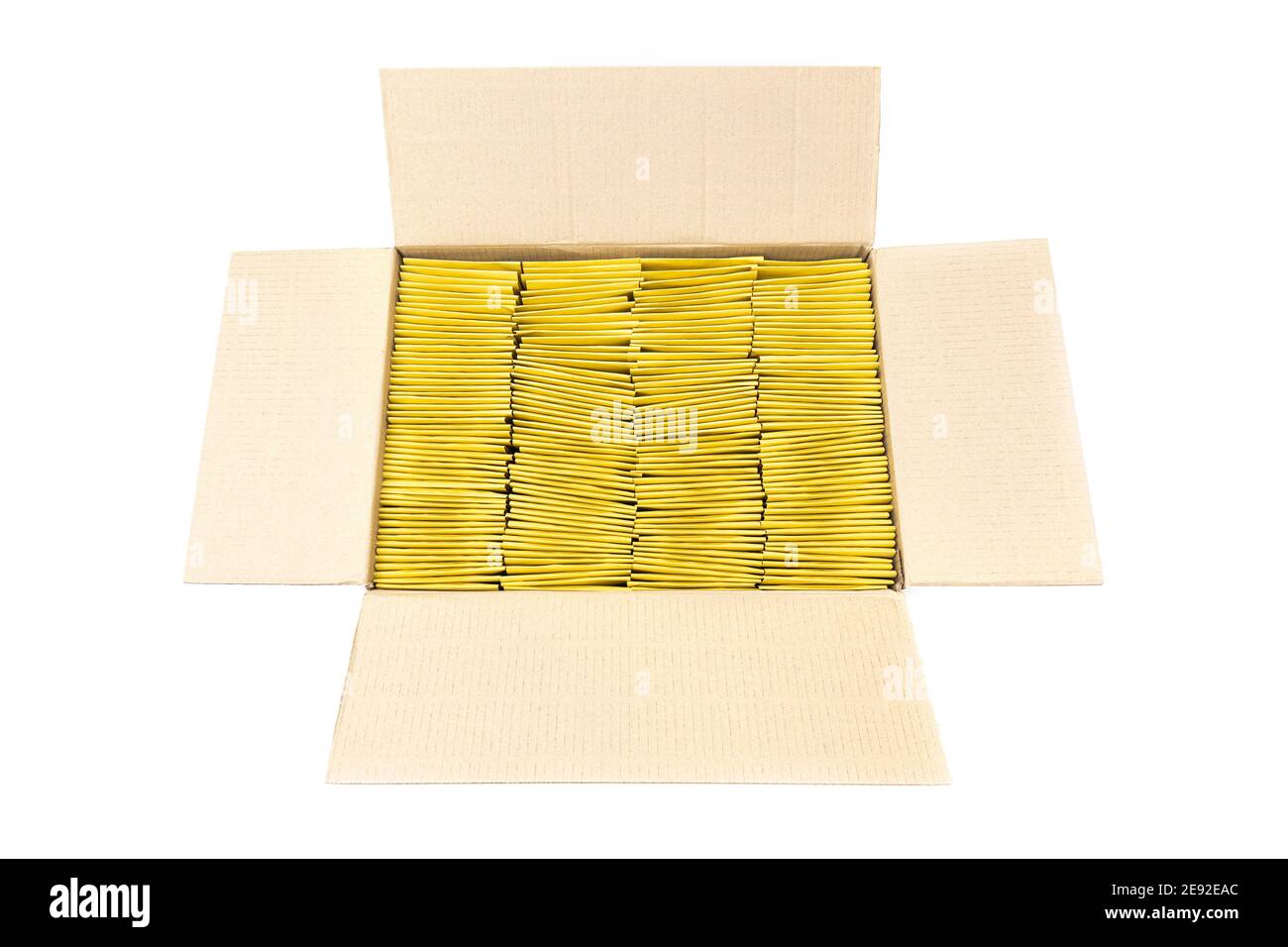 Open cardboard shipping box full of lined bubble envelopes isolated on ...