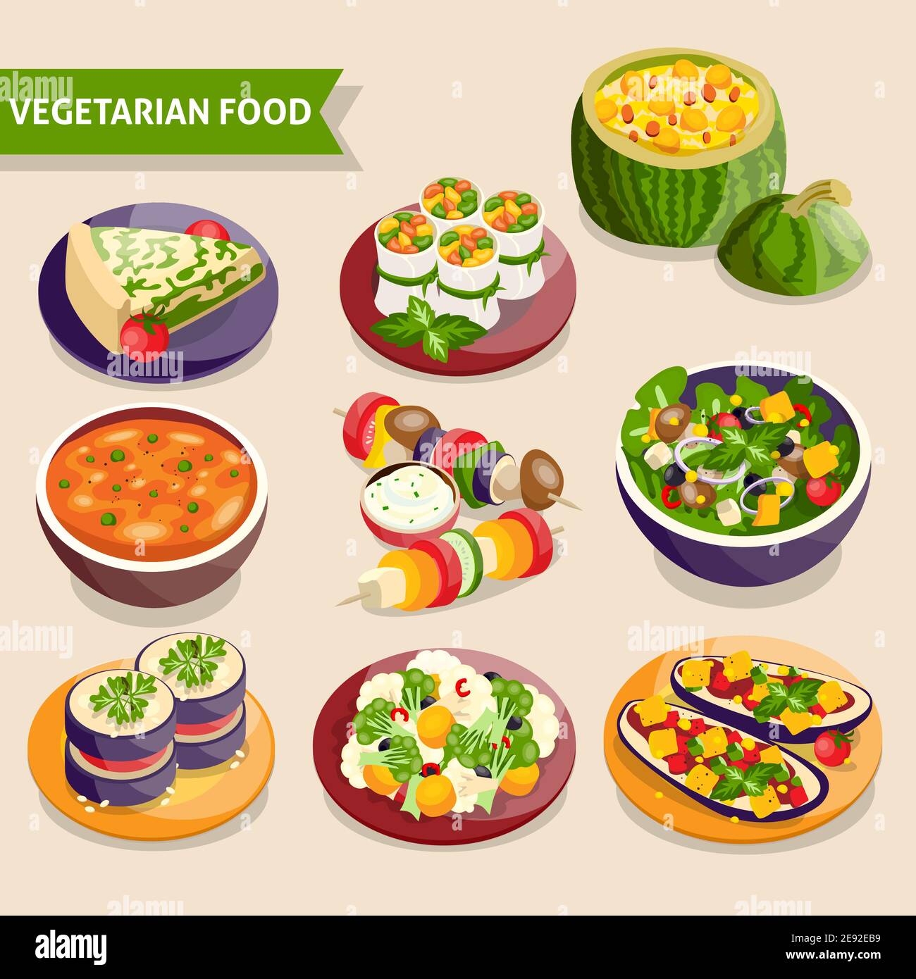 Vegetarian dishes set with fresh vegetable food isolated vector ...