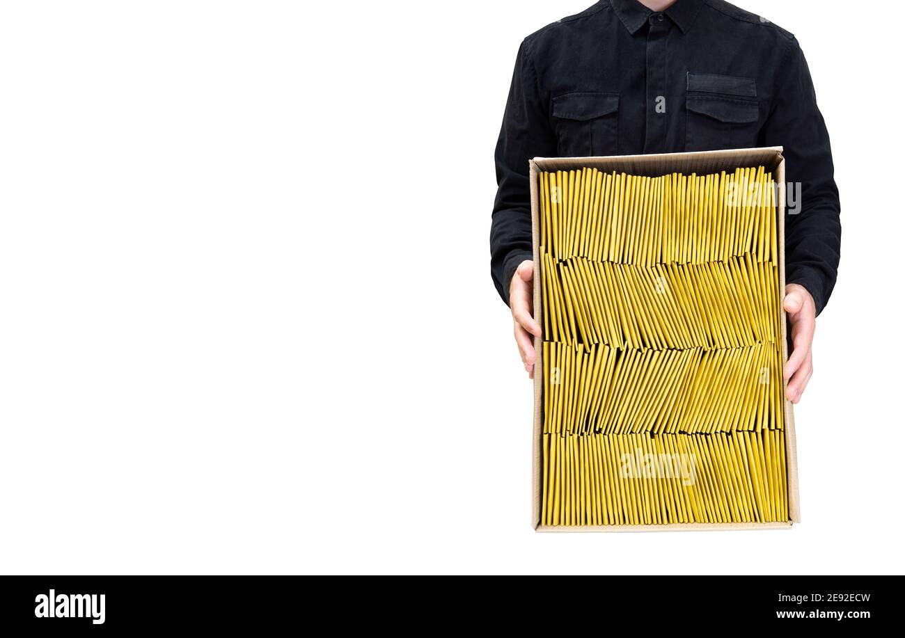 Large open shipping box full of padded bubble envelopes held by a man ...