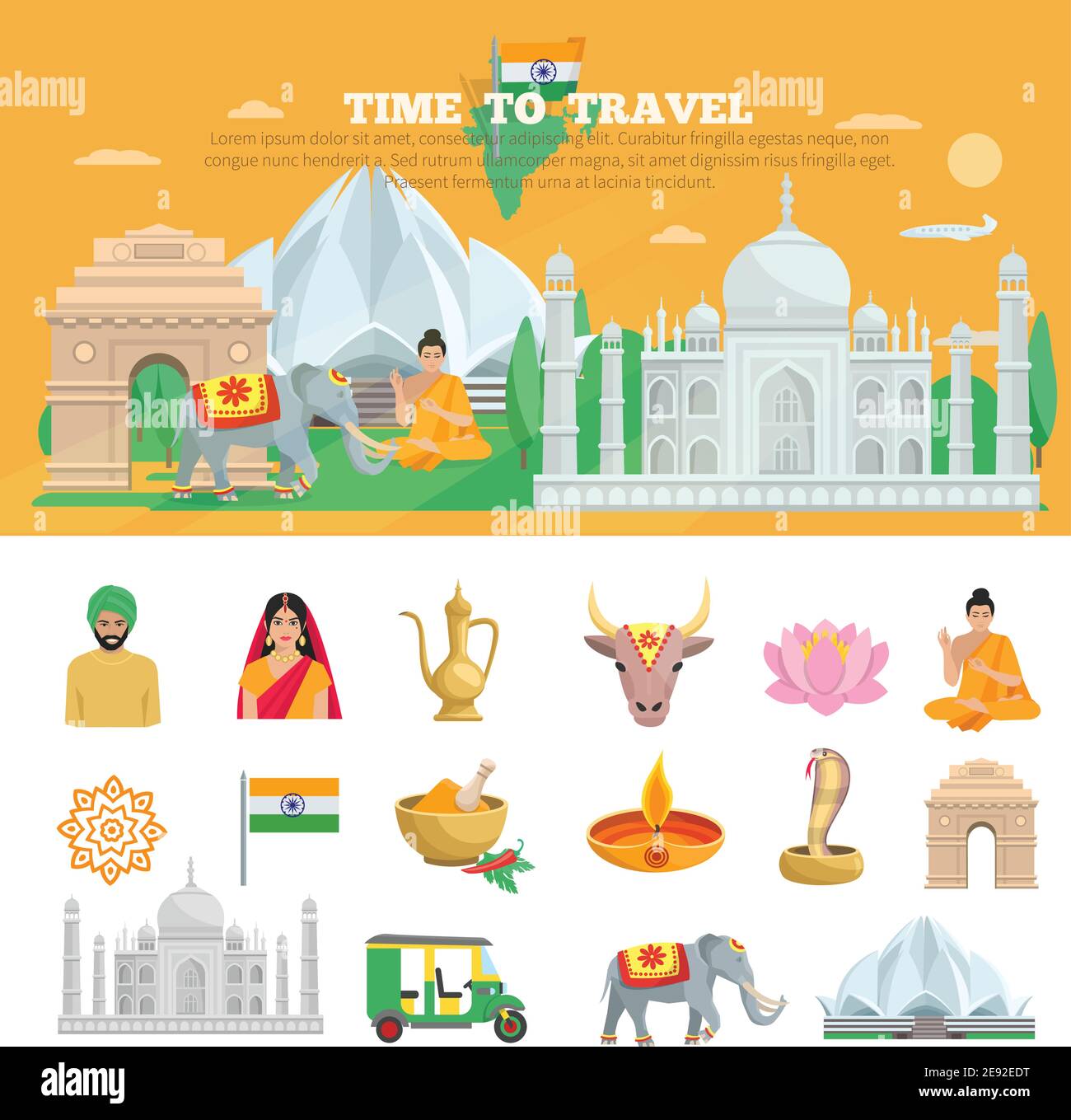 India travel set with tourist objects and symbols of country isolated ...