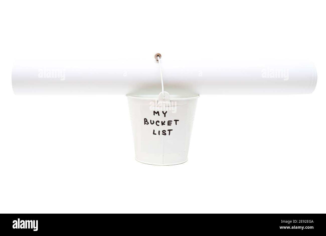 Steel bucket with a long roll of paper isolated on white. Paper sticker ...