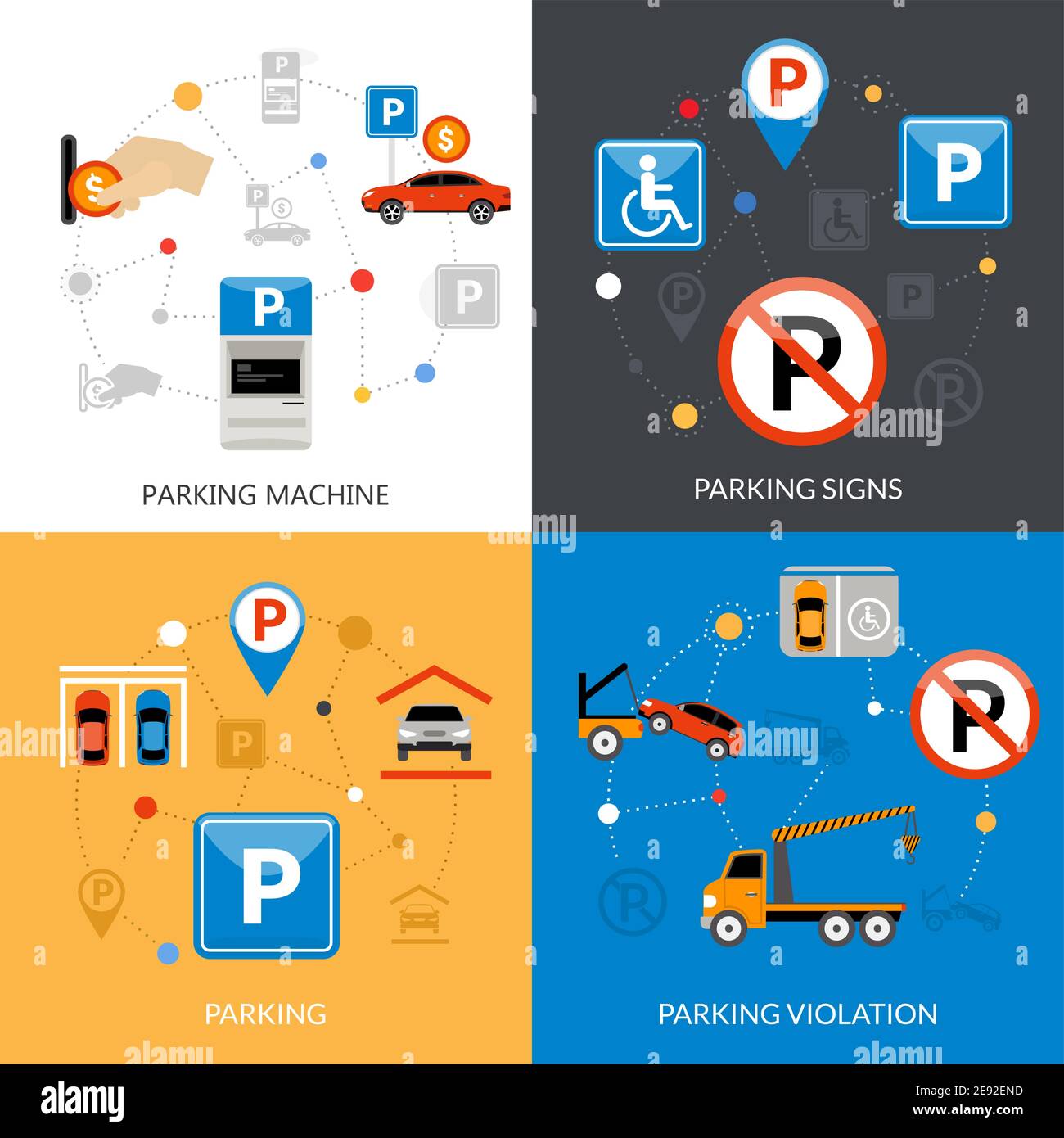 Icon isolated flat conceptual parking set with different aspects of ...