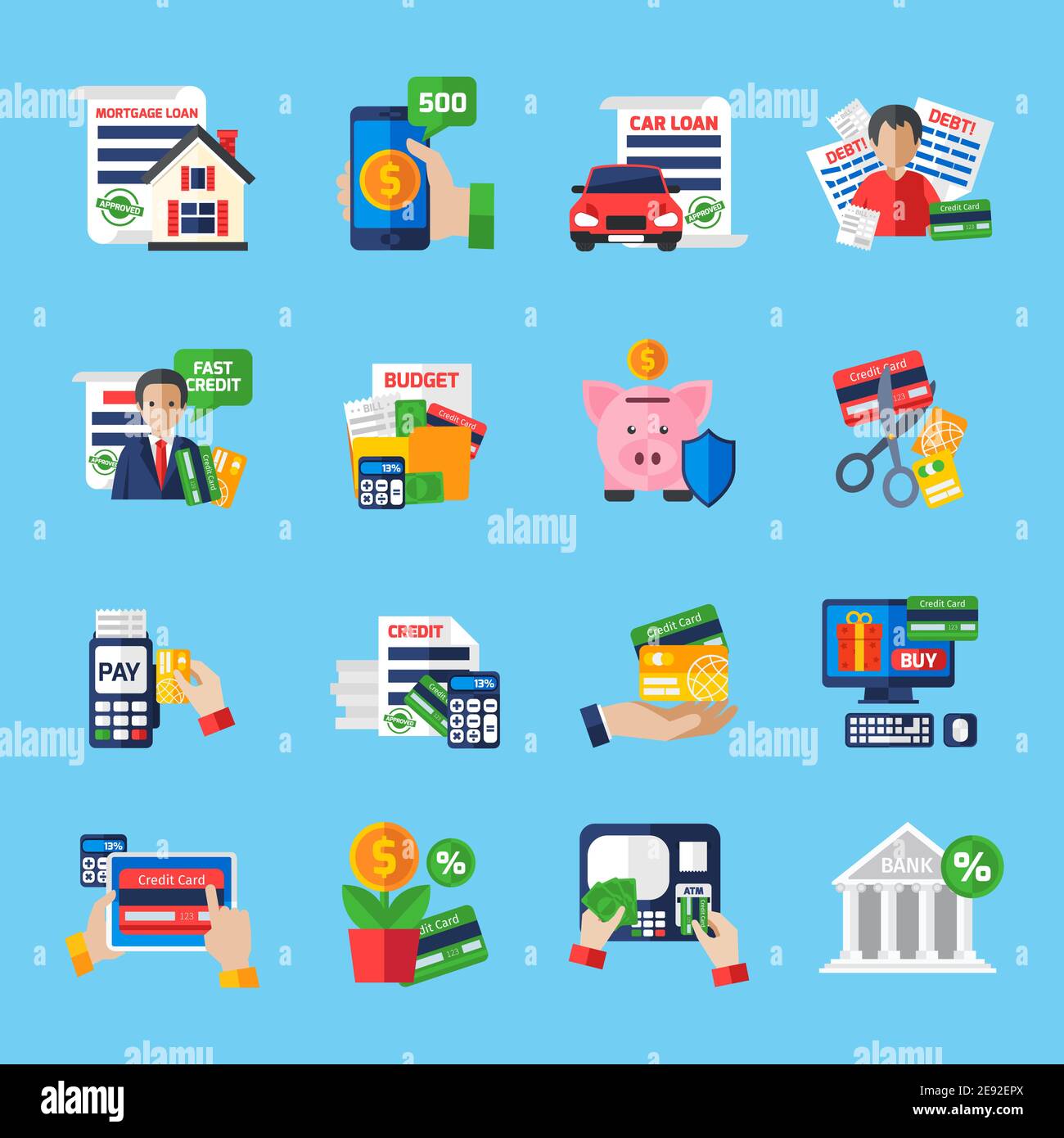 Loan debt flat color icons set of fast credit proposal budget ...