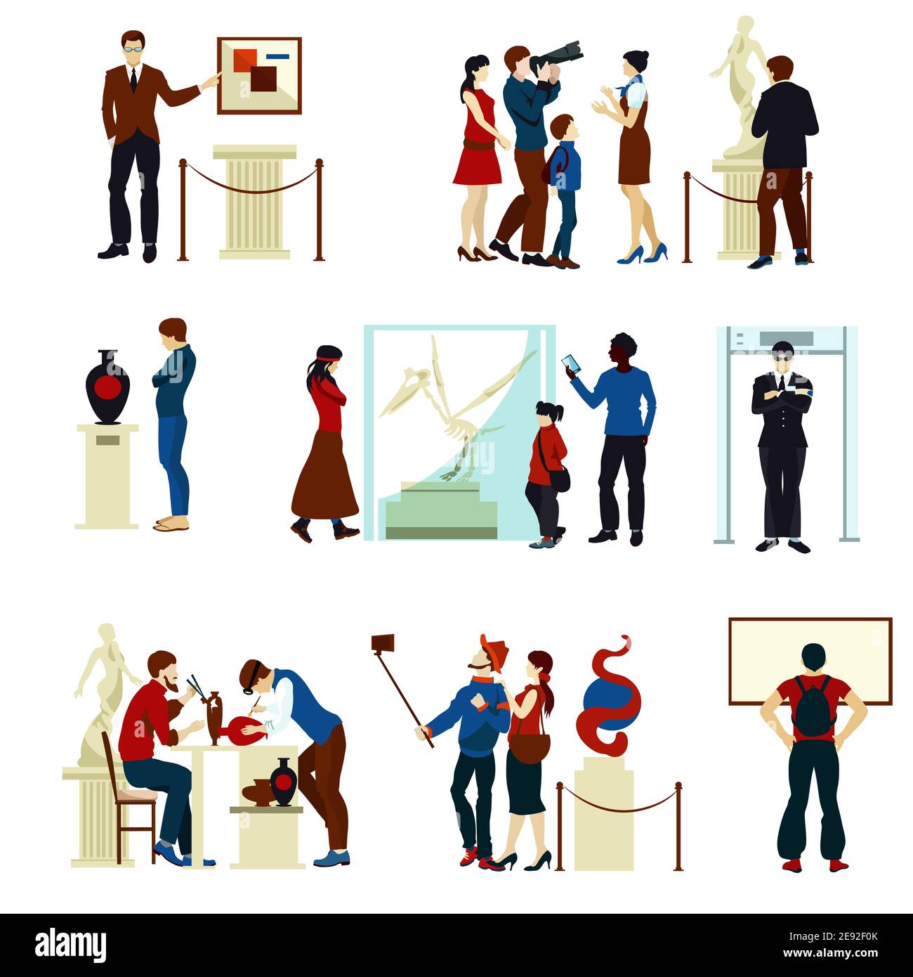 People in museum gallery flat color icons with visitors keeper ...