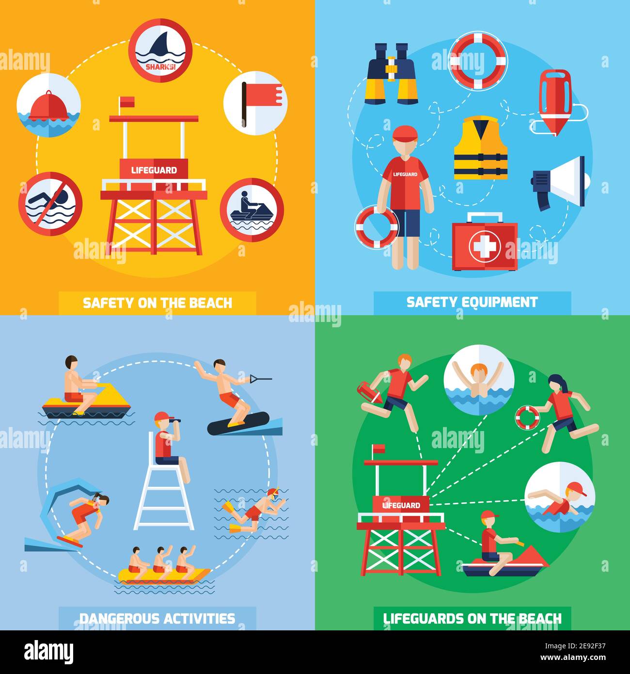 Lifeguards on the beach 4 flat icons square composition poster with ...