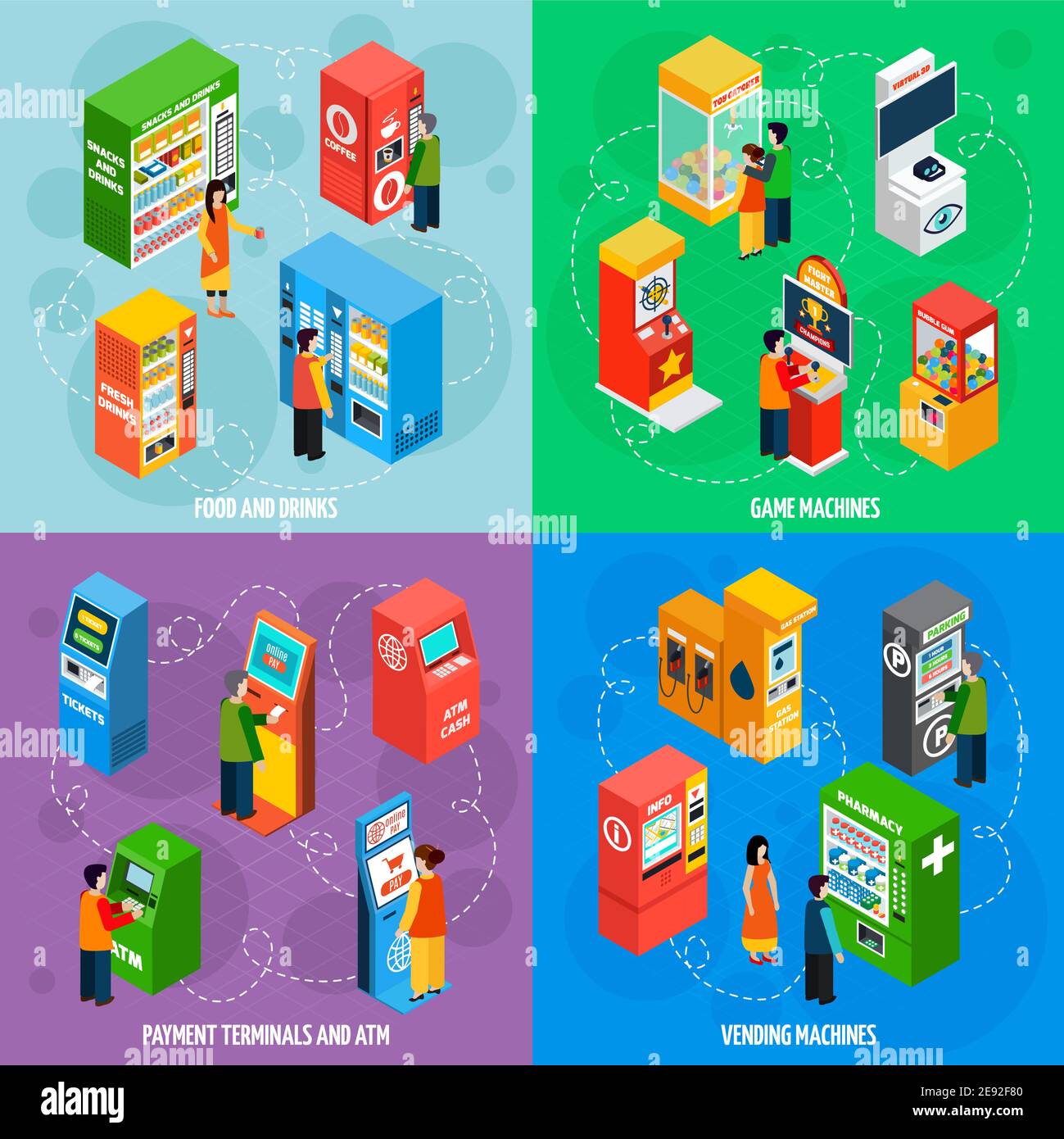 Food and drinks vending machines with payment terminals automated self service 4 isometric icons ...