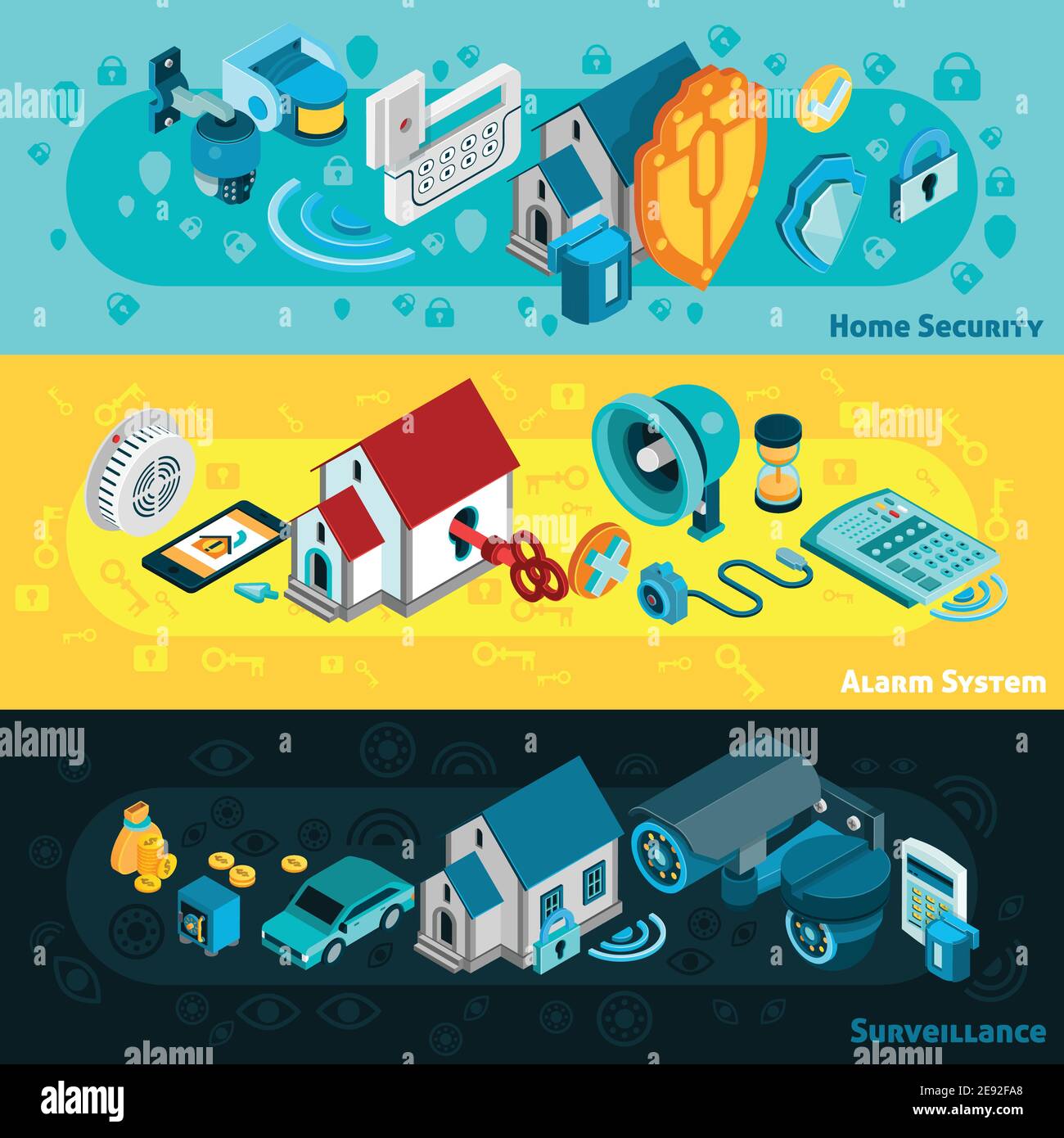 Security system horizontal banners set with alarm and surveillance ...