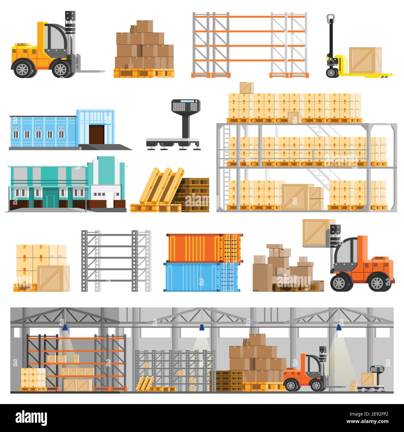 Warehouse orthogonal icons set with loader and cargo flat isolated ...