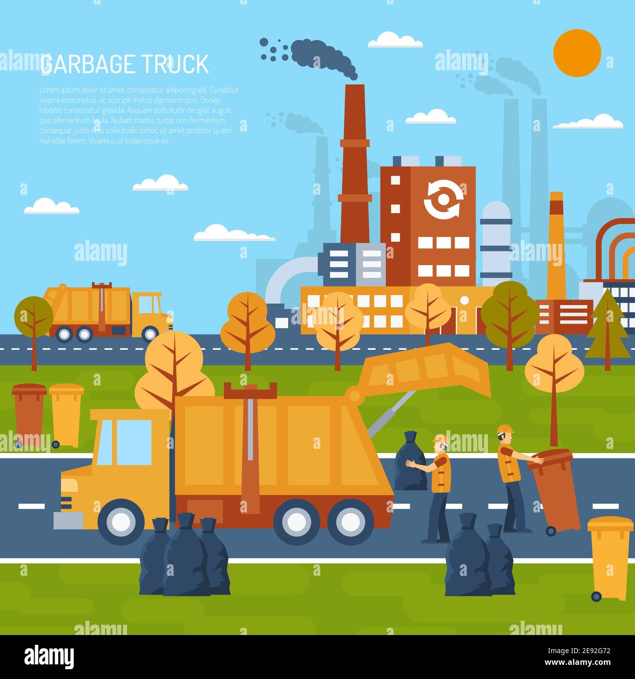 Garbage truck color illustration with title and information field ...