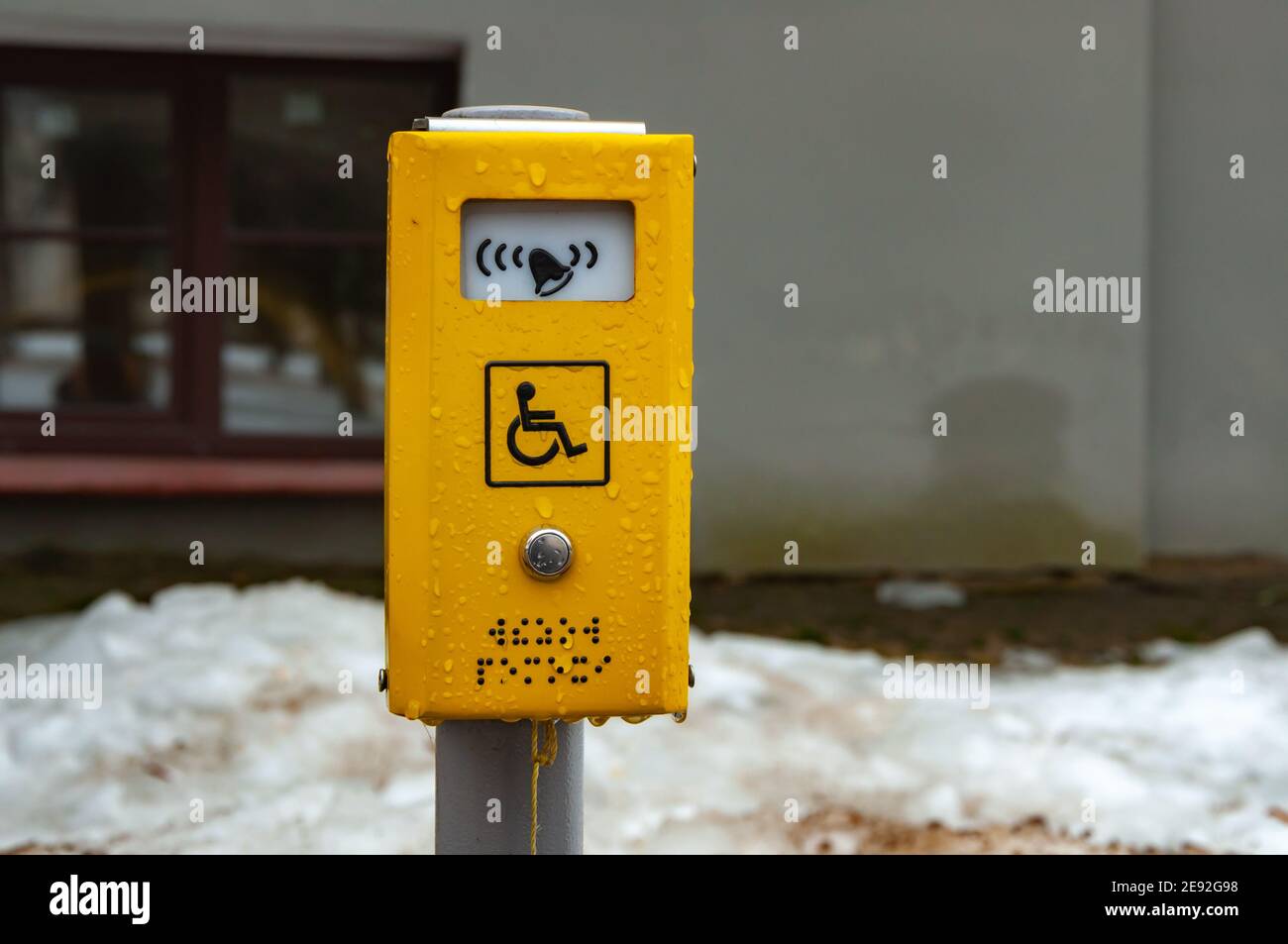 Yellow sign with help call button for people with disabilities. Yellow ...