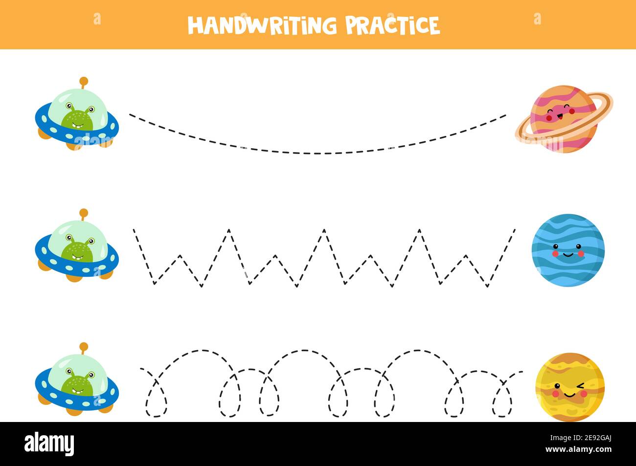 Tracing lines for kids with cartoon UFO and planets. Handwriting ...