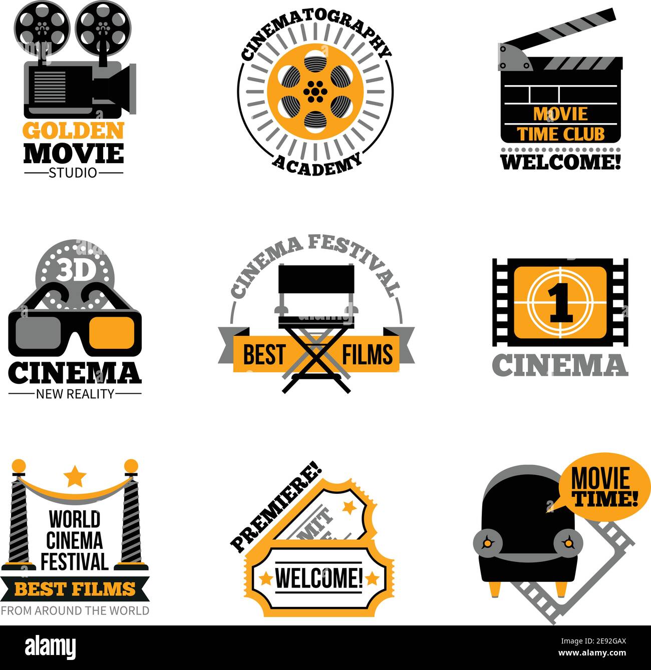 Cinema and film labels with director chair 3d glasses cinema tickets ...