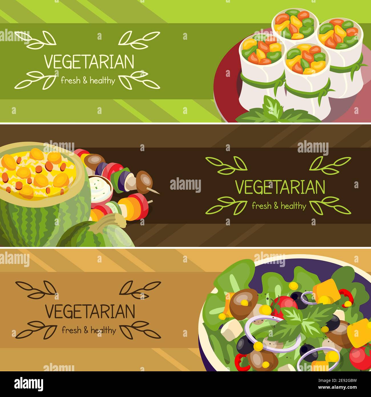 Vegetarian food horizontal banners set of fresh and healthy dishes with ...