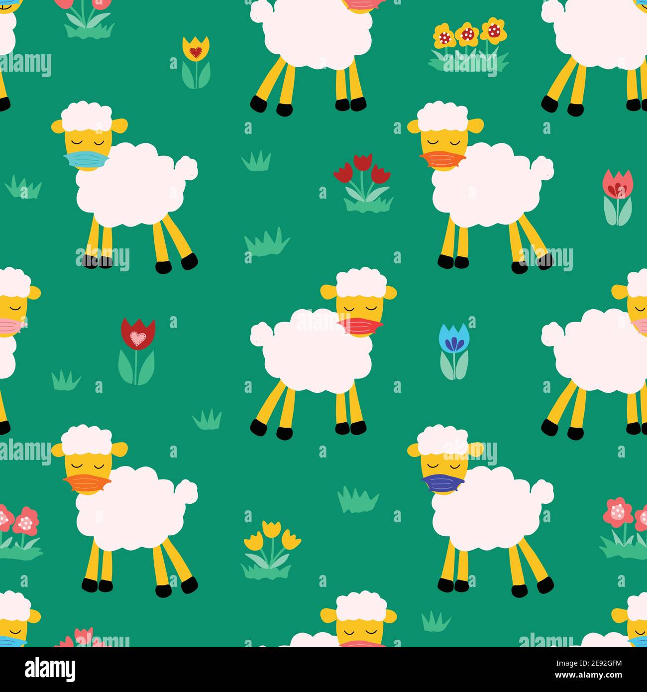 Seamless pattern with sheep on green background. Repeating kids vector ...