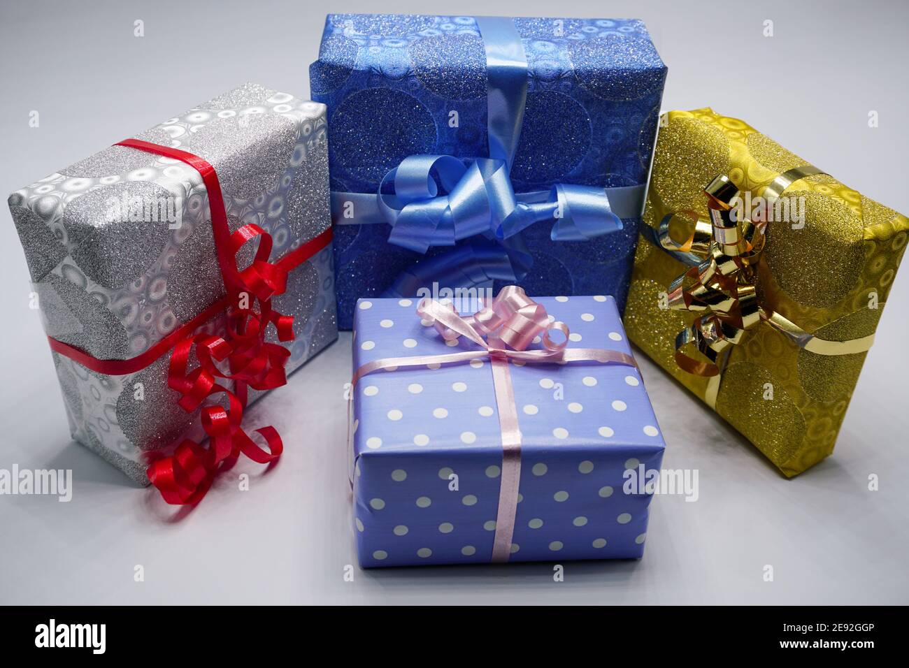 Boxes of presents and gifs of different shapes sizes and colours Stock ...