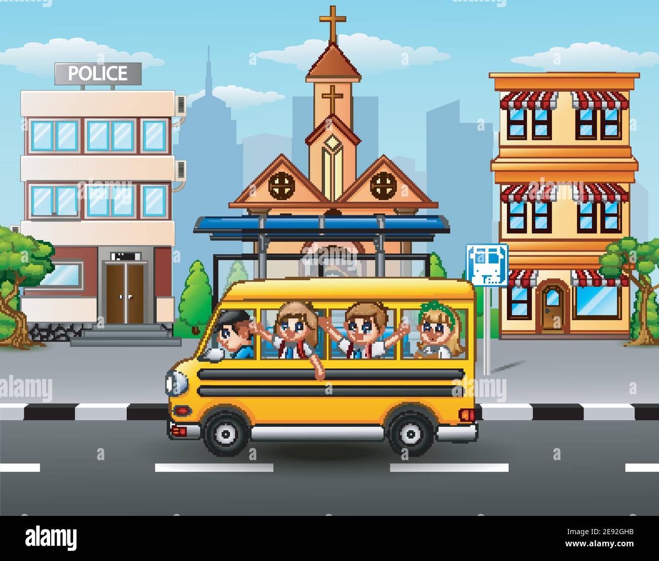 Vector illustration of Happy students riding school bus Stock Vector ...