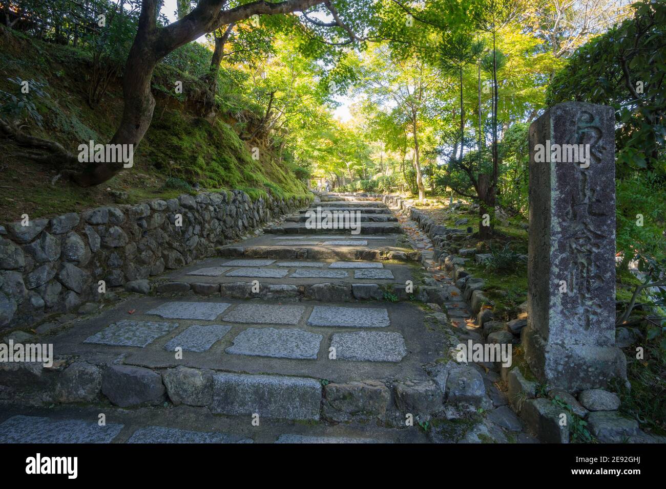 Stone path and steps leading through the trees to Adashino Nenbutsuji ...