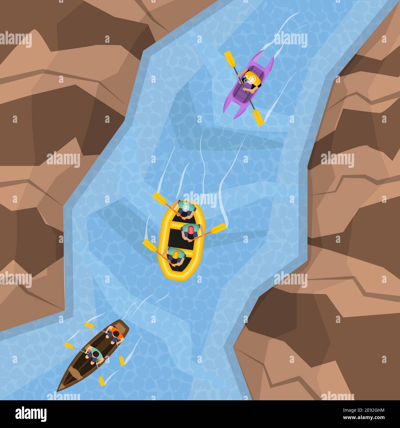 Rafting on river top view with three different boats following each ...