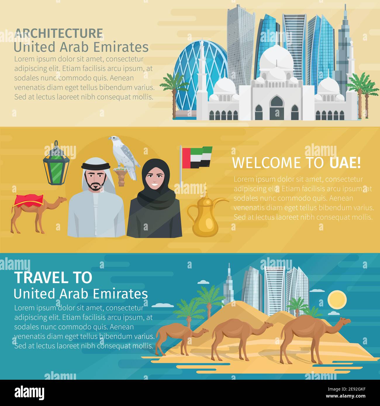 United arab emirates travel banners set with buildings desert and ...