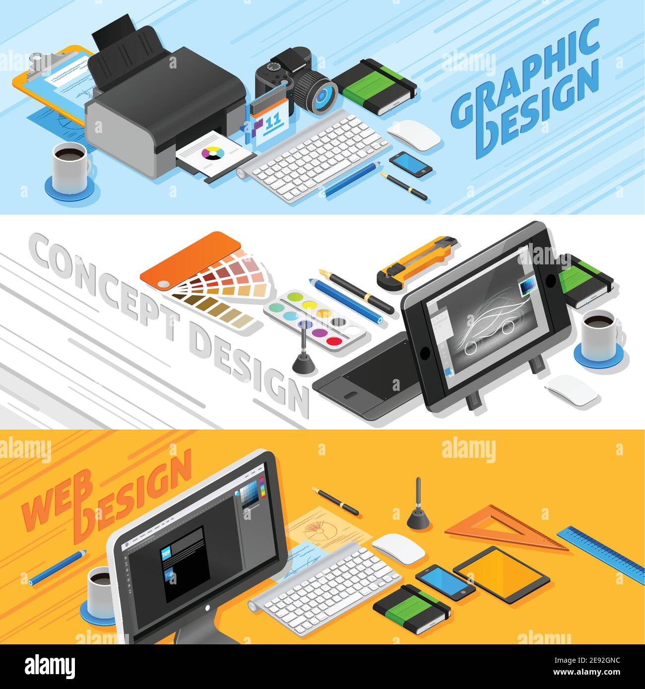 Graphic design isometric horizontal banners set with web design symbols ...