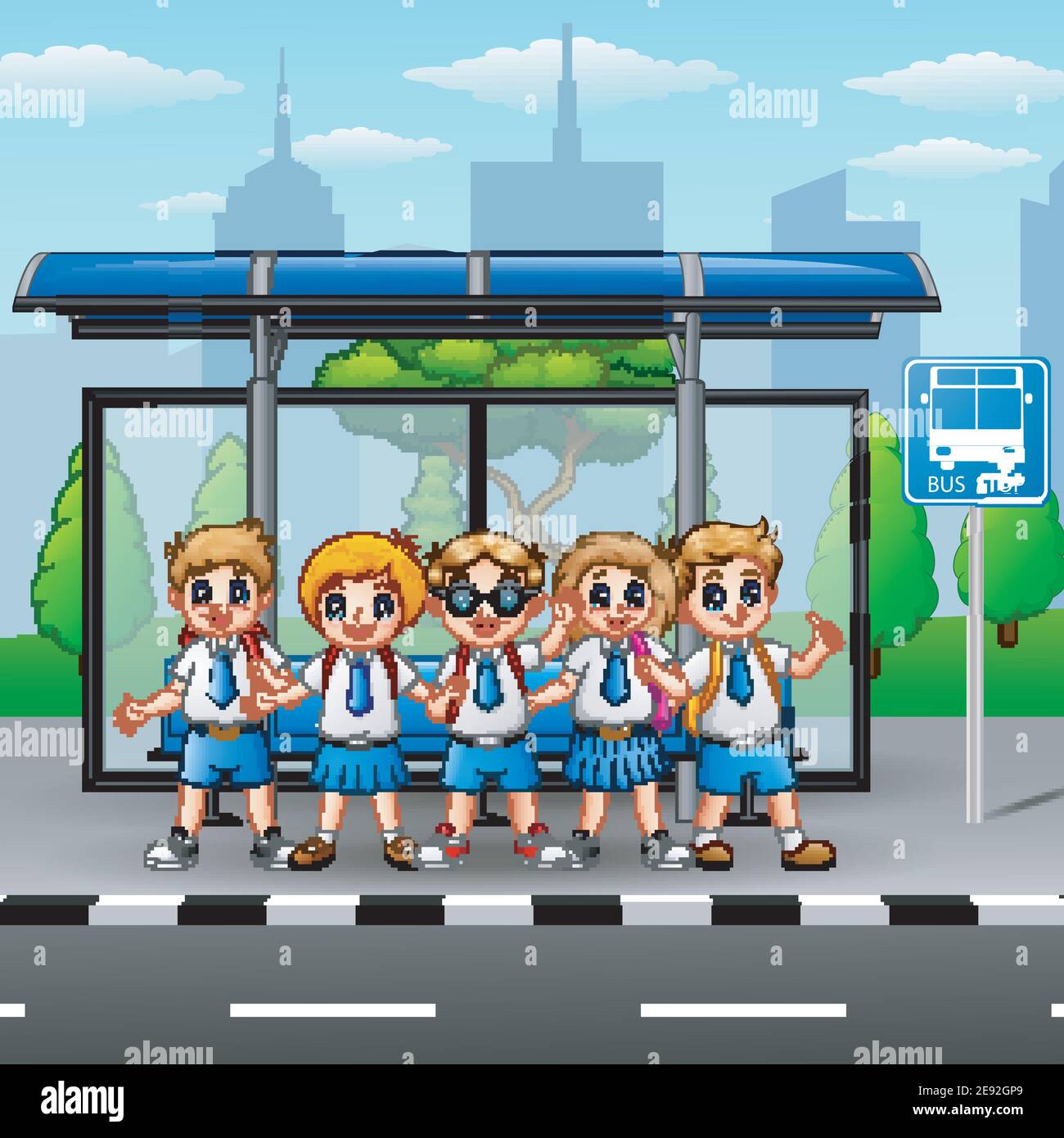 Vector illustration of Happy school kids at the bus stop Stock Vector ...
