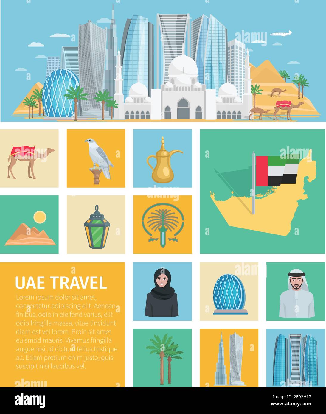 United arab emirates decorative icons set with traditional clothes and ...