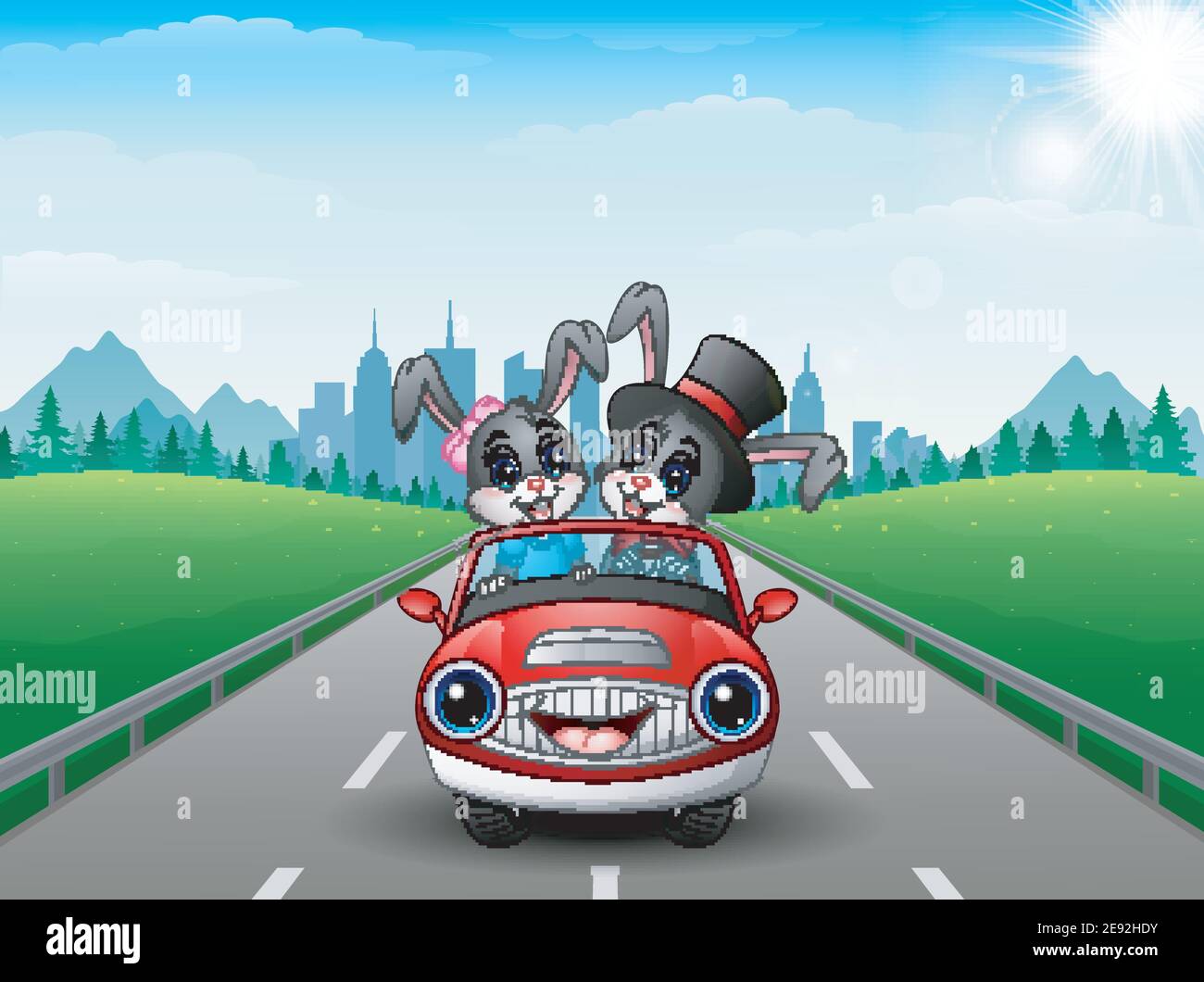 Vector illustration of Couples rabbit cartoon driving a car on city ...