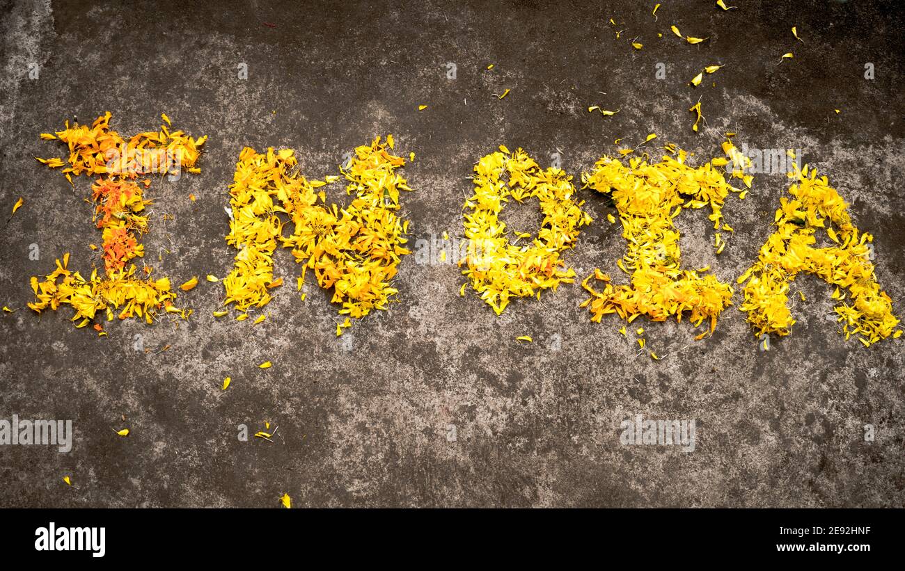 The Word India written with yellow marigold flowers in 26th January on ...