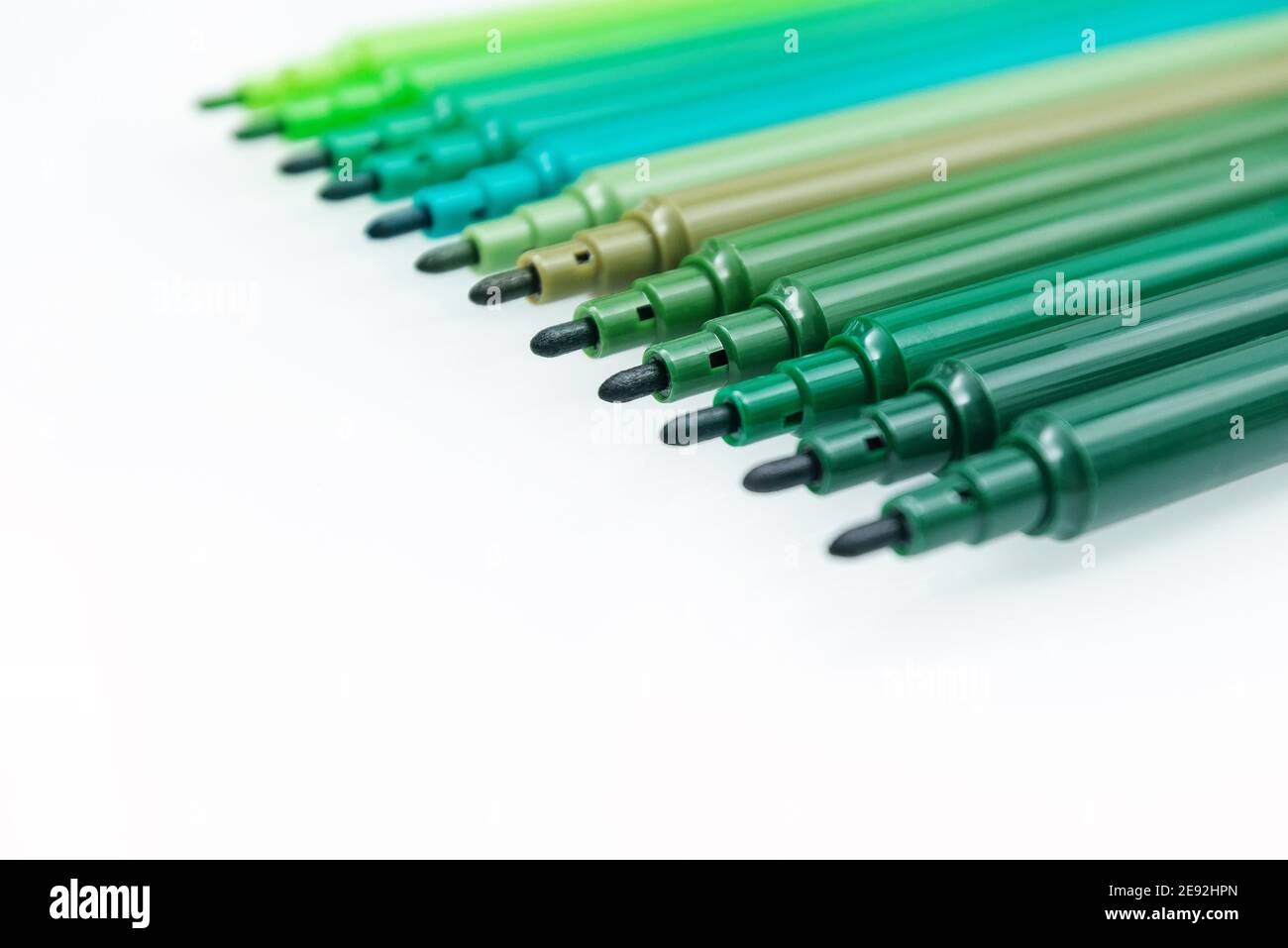 Set of green colored marker pen on isolated background. Different ...