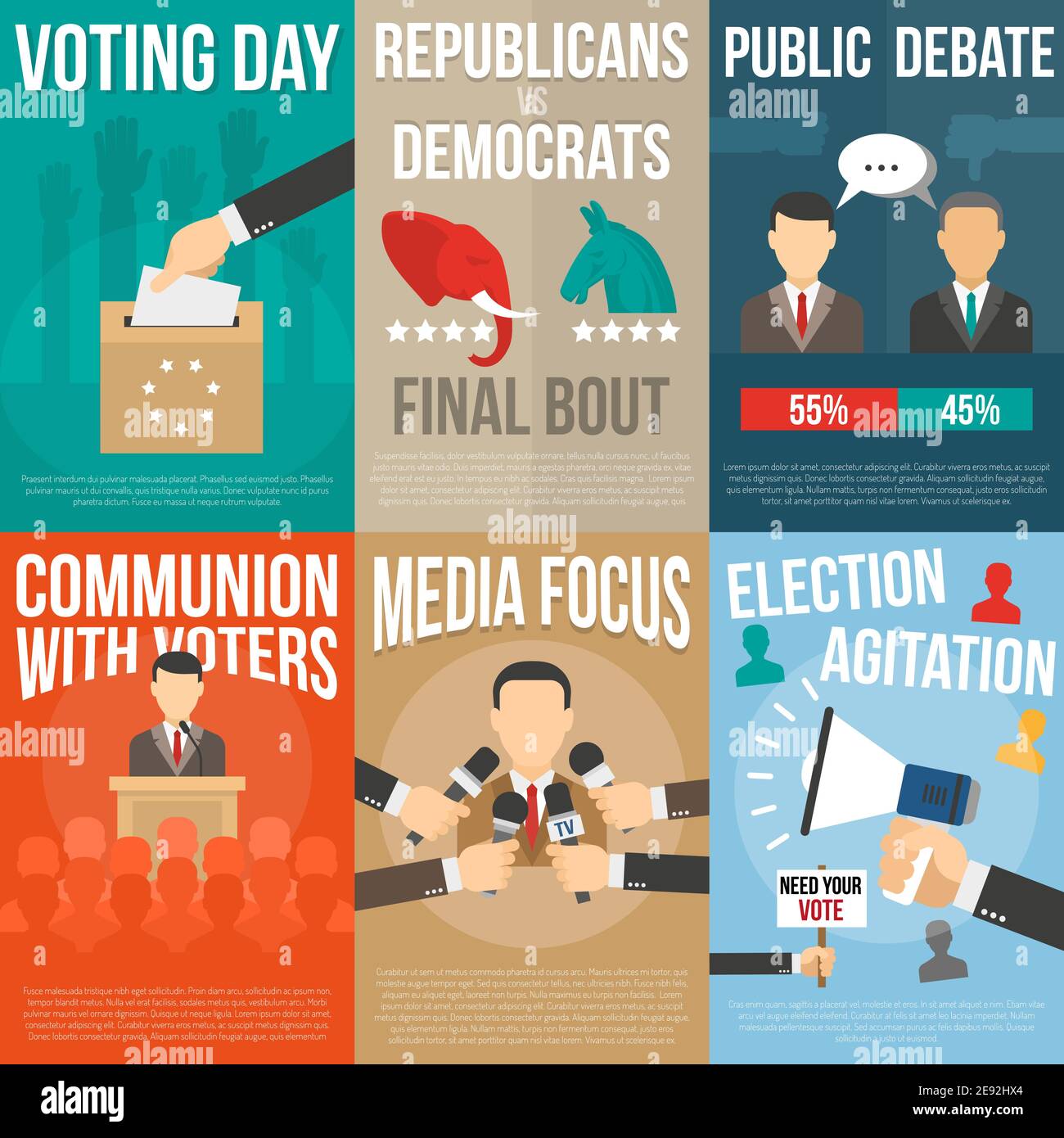 Set of color posters with title about agitation voting and election ...