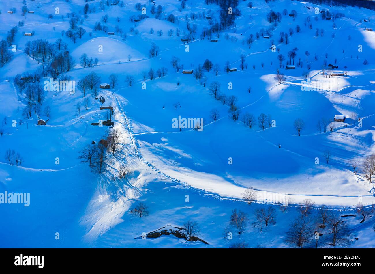 Pasiegas cabins in winter in the Valle del Miera in the Valles Pasiegos ...