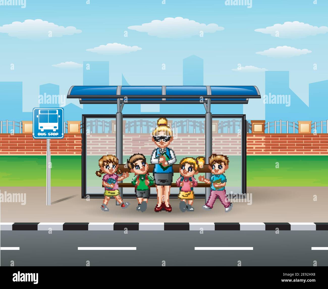 Waiting school bus boy Stock Vector Images - Alamy