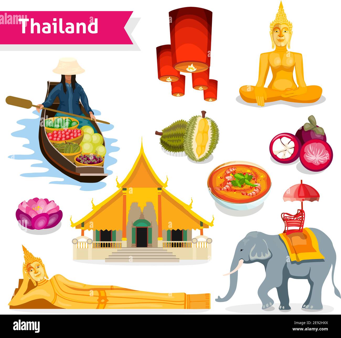 Thailand travel set with buddha statues temple tropical fruits and ...