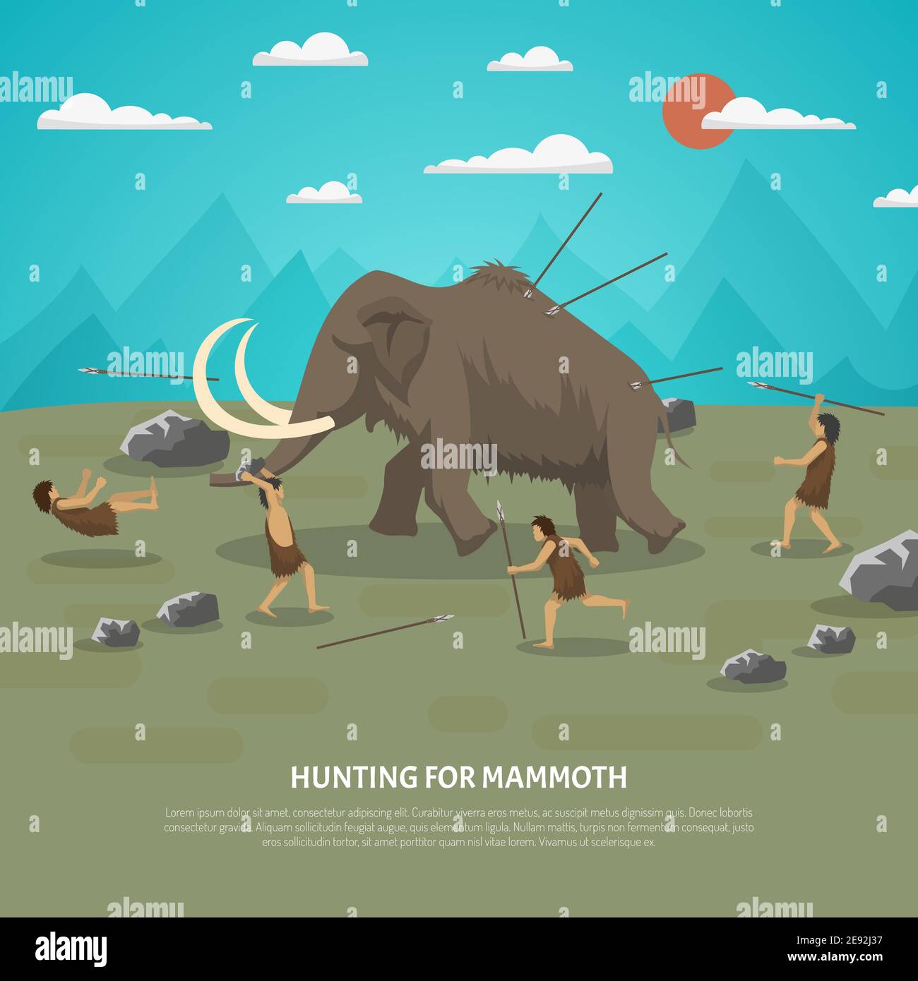 Color illustration showing hunting for mammoth caveman in prehistoric ...