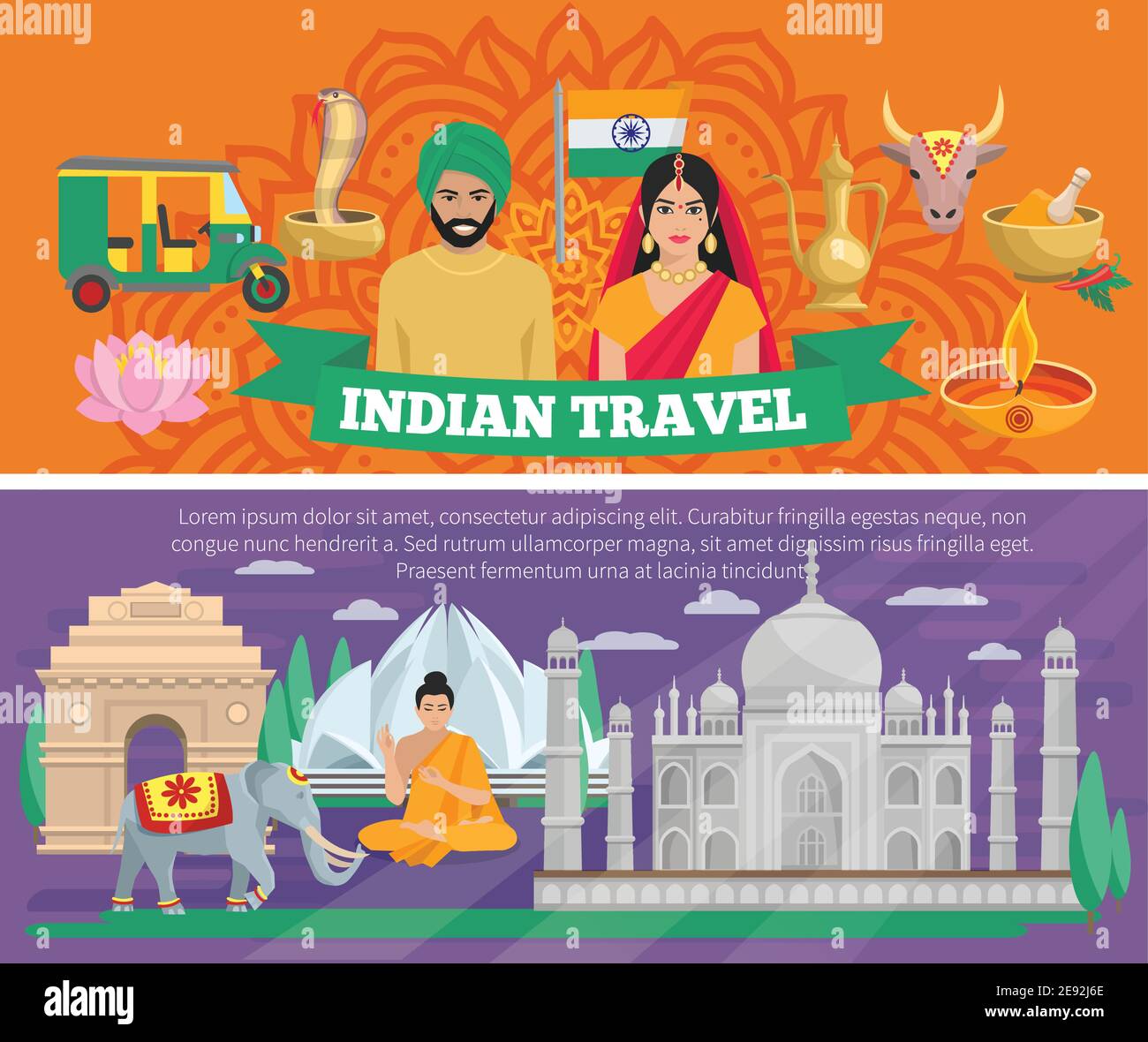 Indian travel banners with architecture and elements of culture ...