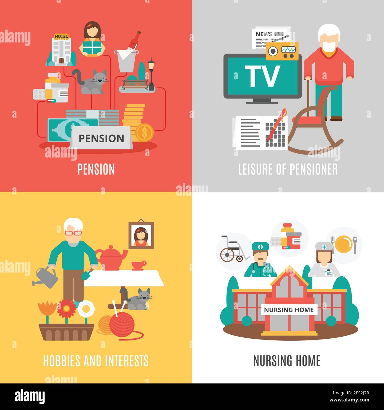 Pension hobbies and interests leisure of pensioner and nursing home 2x2 ...