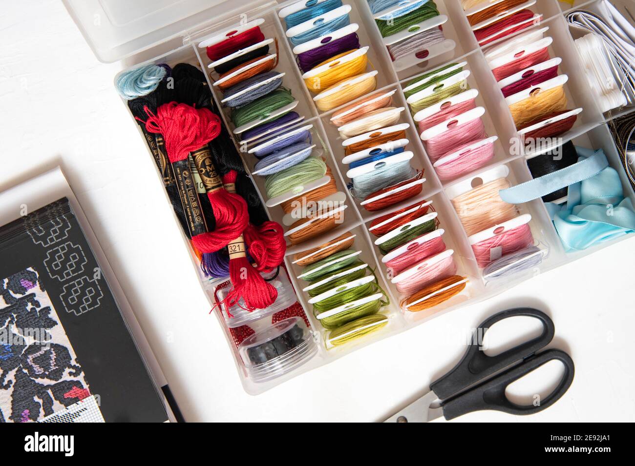 Set of multi-colored cotton threads. Colorful threads and book with ...