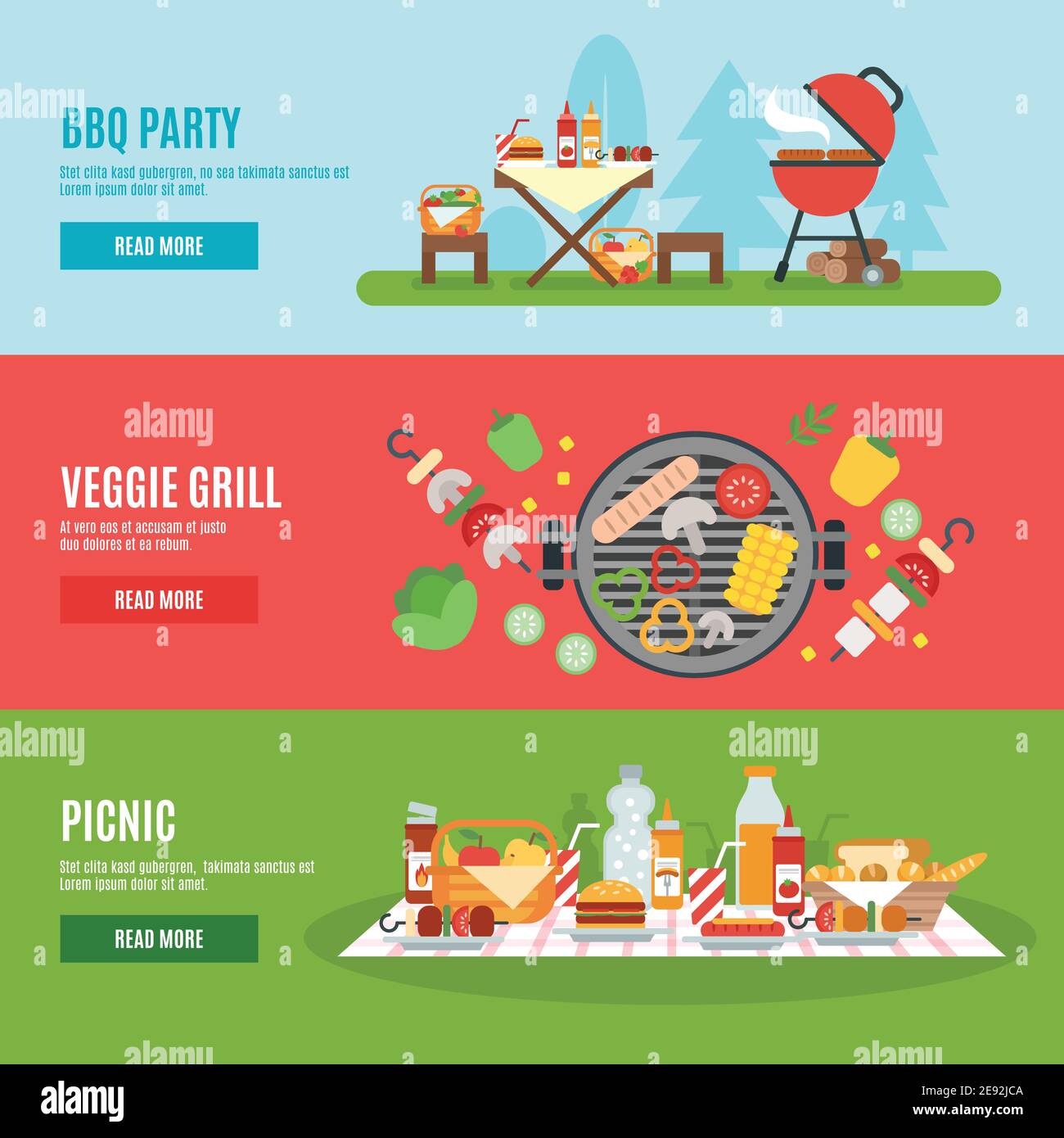 BBQ party horizontal banner set with veggie grill elements flat ...