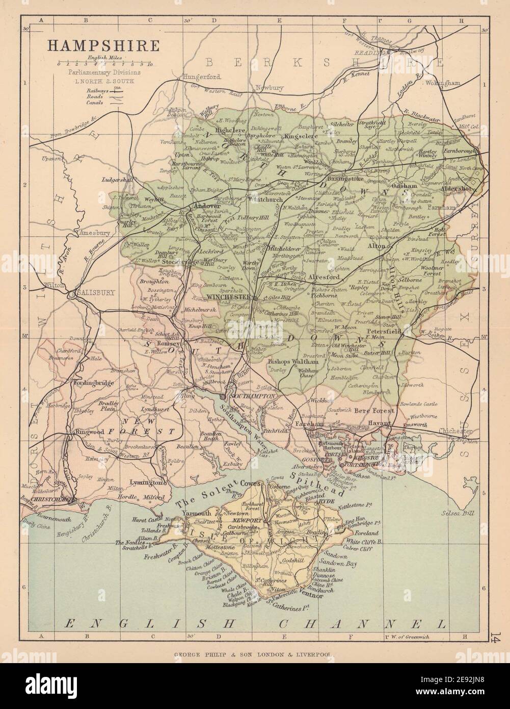 HAMPSHIRE. Antique county map. Railways roads canals constituencies ...