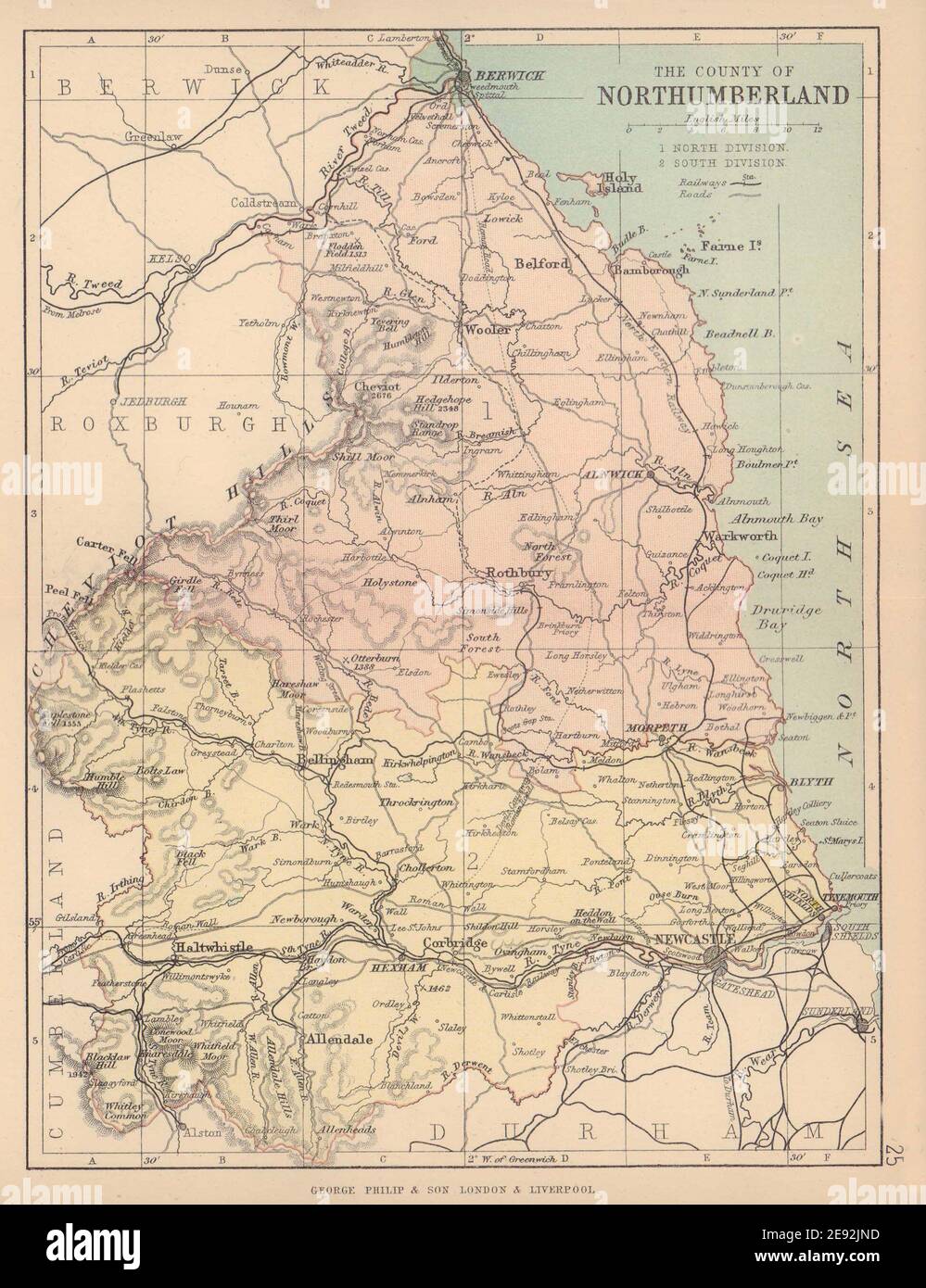 NORTHUMBERLAND. Antique county map. Railways roads. Constituencies ...