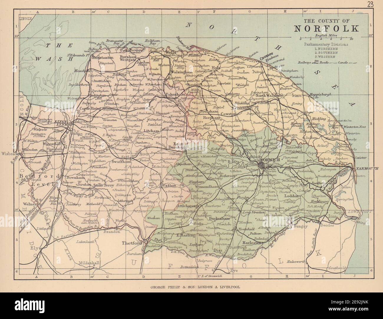 NORFOLK. Antique county map. Railways roads canals. Constituencies ...