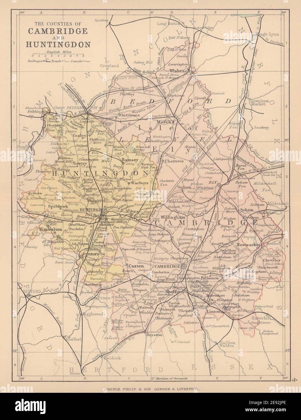 CAMBRIDGESHIRE & HUNTINGDONSHIRE. Antique county map. Railways. PHILIP ...