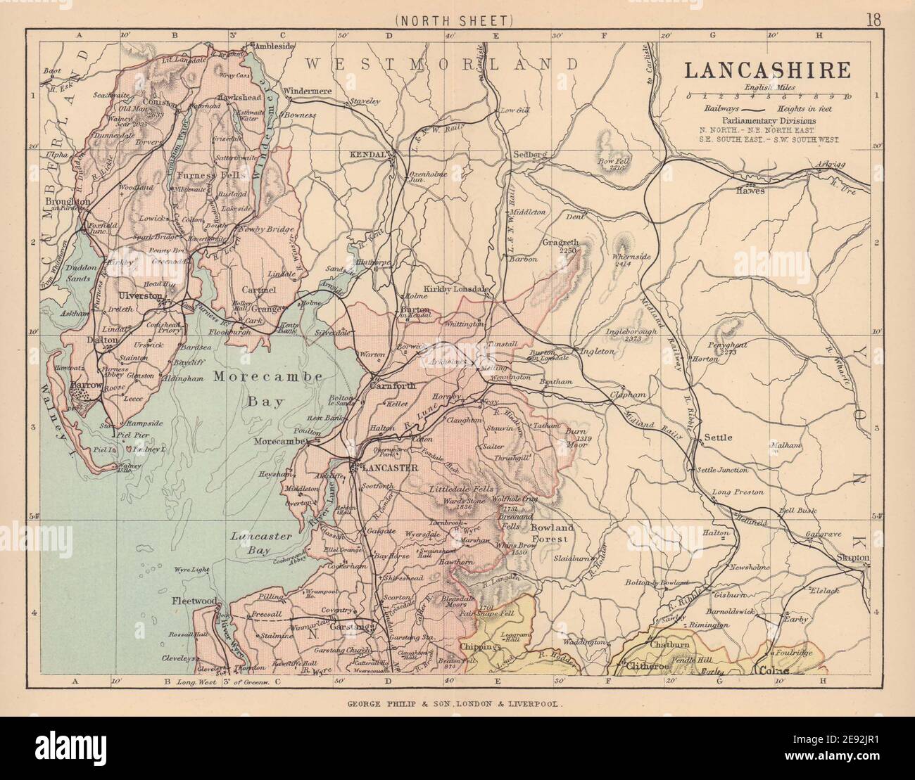 LANCASHIRE NORTH. Antique county map. Railways. PHILIP 1885 old Stock ...