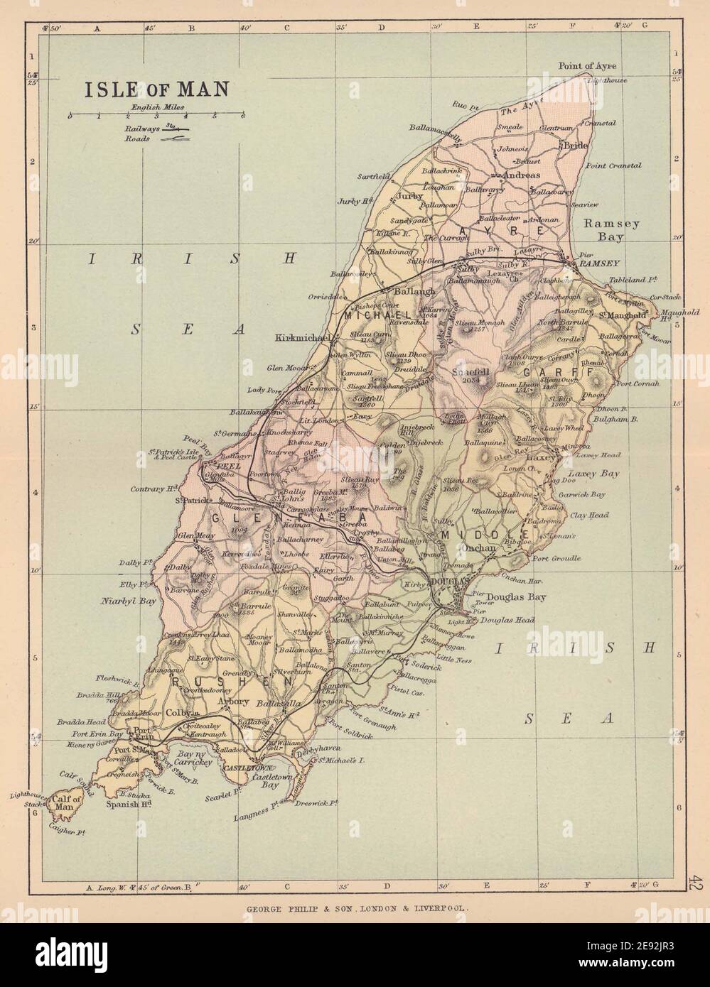 ISLE OF MAN. Antique map showing sheadings. Railways roads. PHILIP 1885 ...