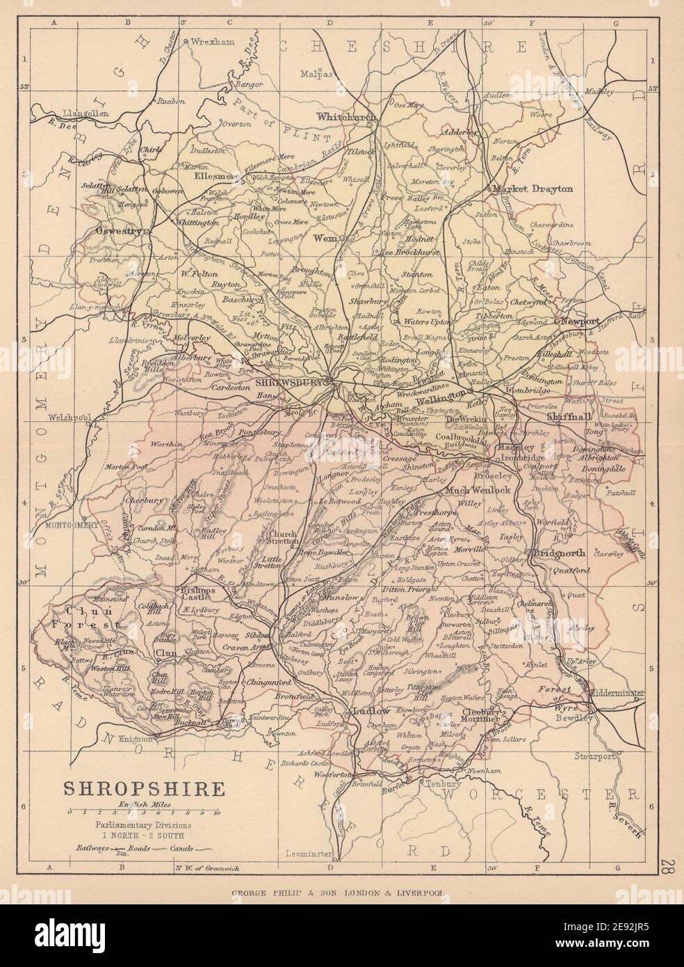 SHROPSHIRE. Antique county map. Railways canals. Constituencies. PHILIP ...