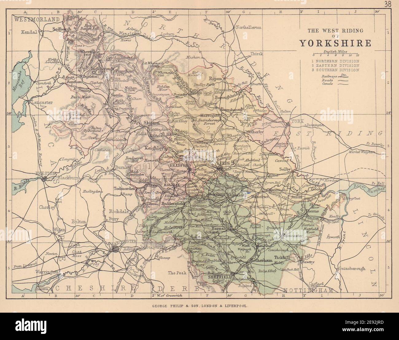 YORKSHIRE WEST RIDING. County map. Railways canals. Constituencies ...