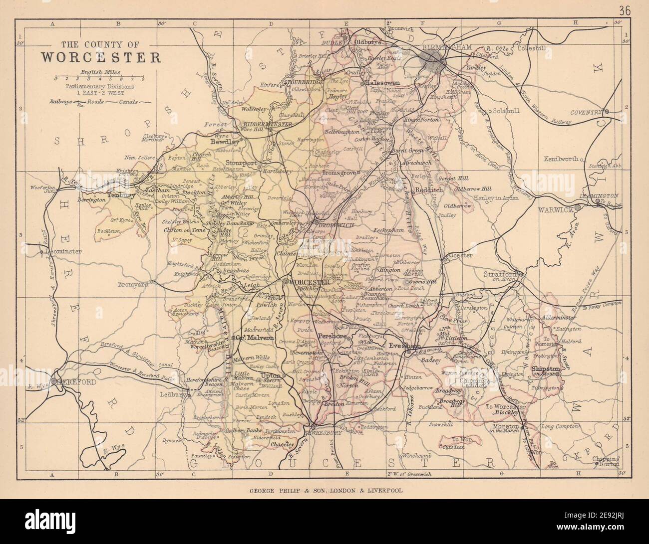 WORCESTERSHIRE. County map. Railways roads canals. Constituencies ...